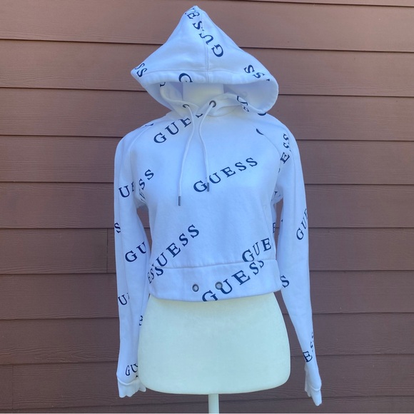 Guess | Sweaters | Guess Cropped White Blue Hoodie Size Small | Poshmark